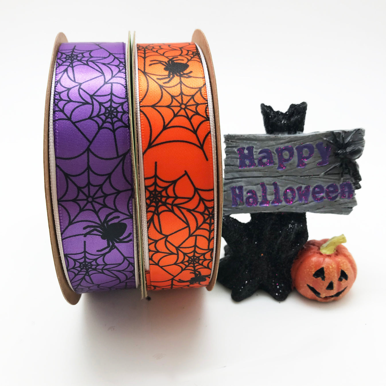 Spiders and Spider webs in black on 7/8" orange satin ribbon