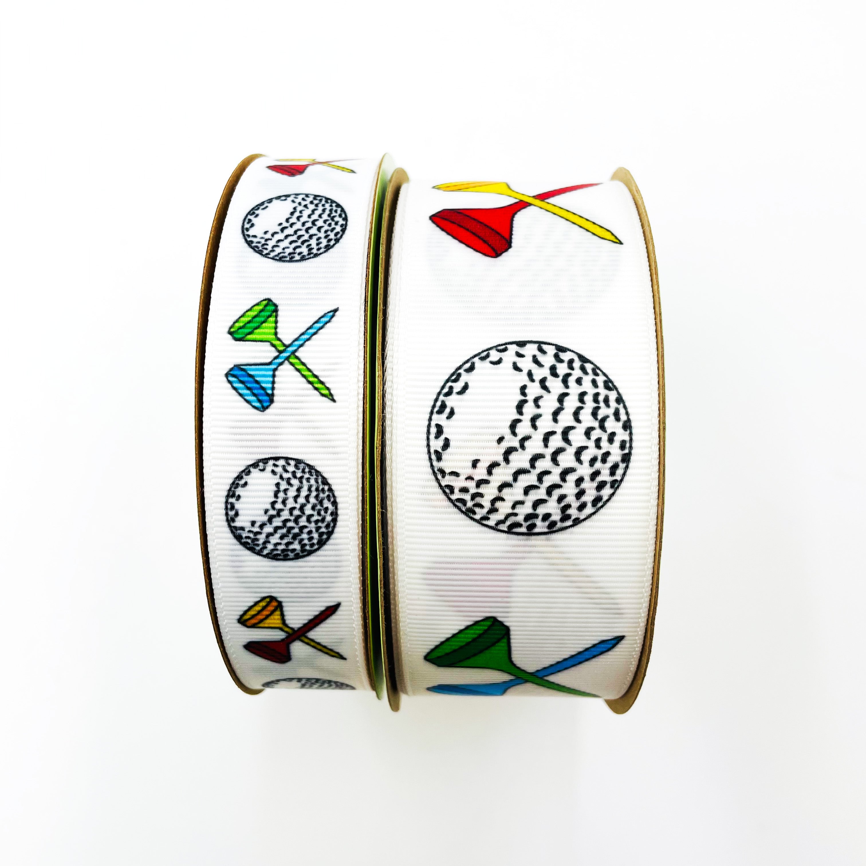 Golf balls ribbon with crossed tees in red, yellow, blue and green ...