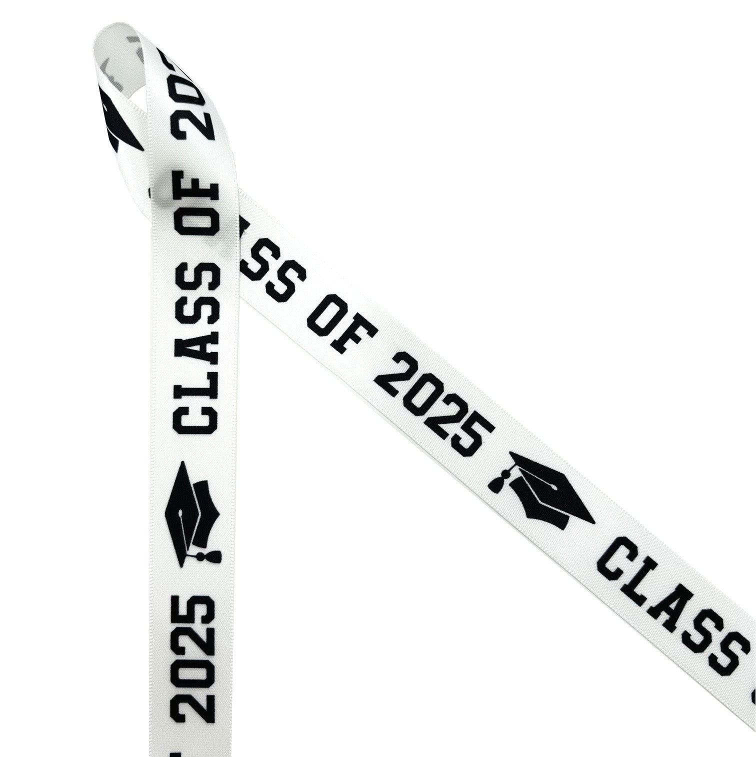 Graduation Class ribbon Class of 2025 in black with a black mortar boa