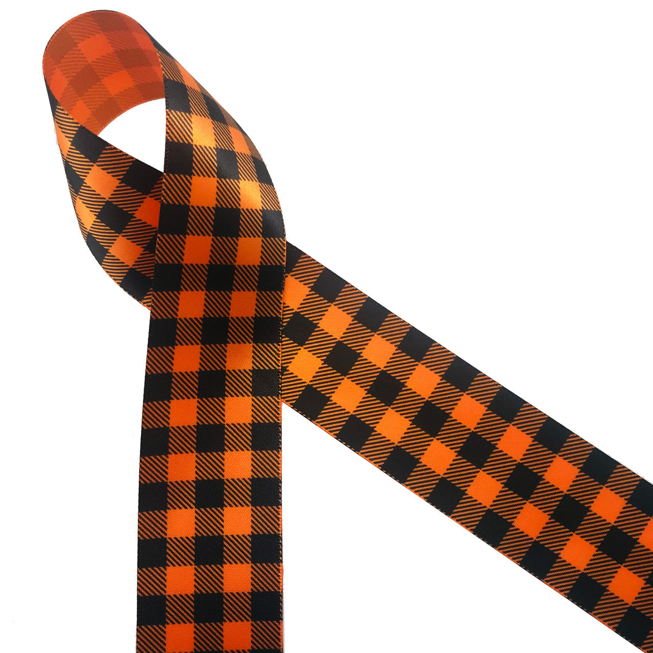 Black plaid printed on 1.5" tangerine single face satin ribbon, 10 yards