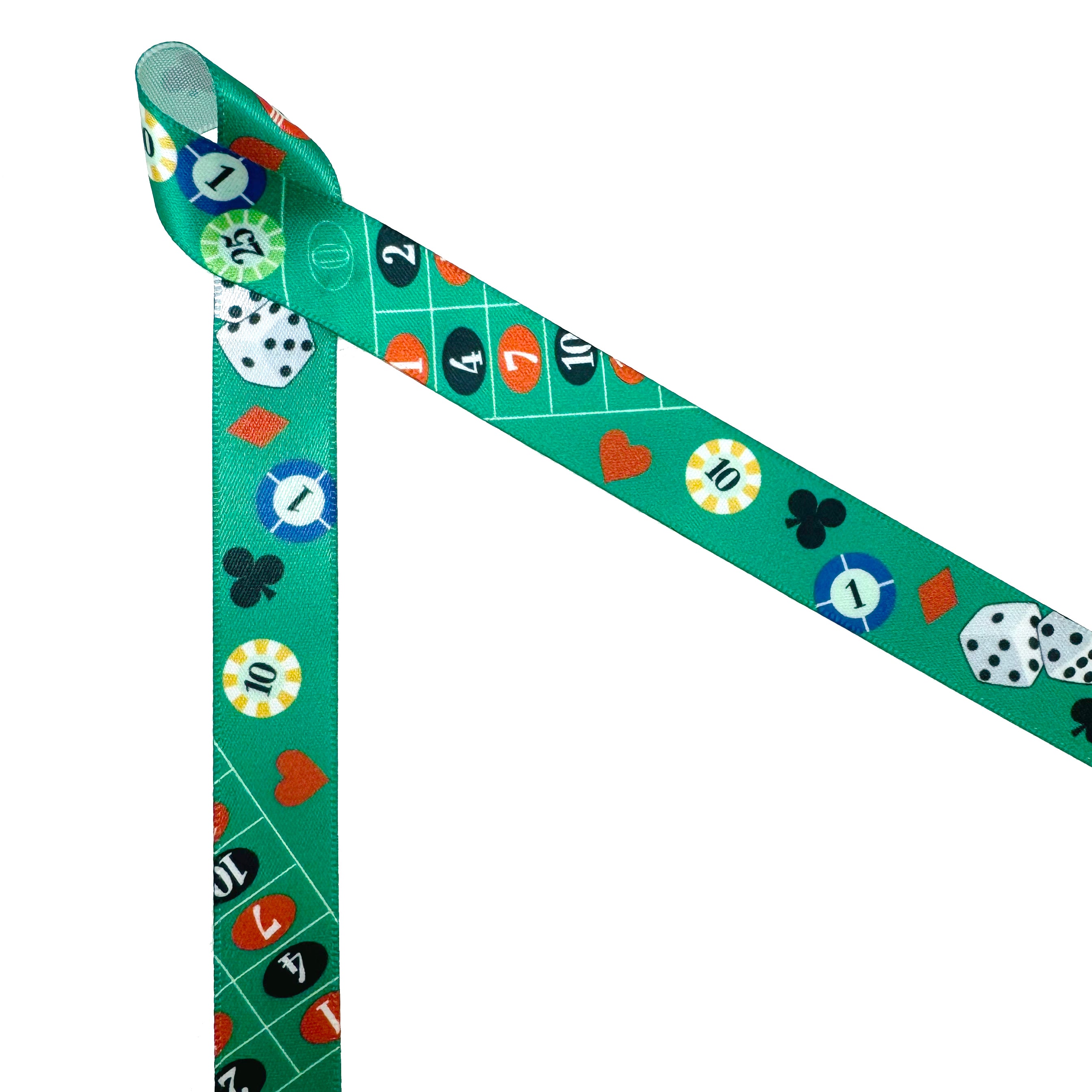 Casino Ribbon with dice, playing cards, chips, on felt green ribbon