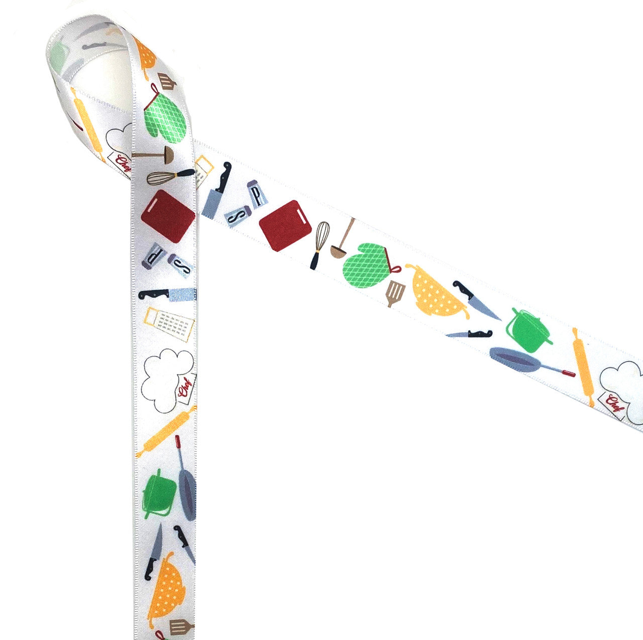 Chefs tools printed on 7/8" white single face satin ribbon, 10 yards