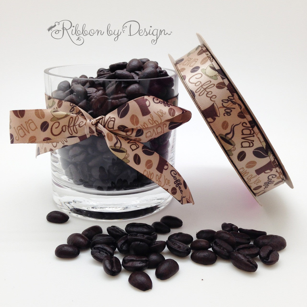 Coffee themed 5/8" tan single face satin ribbon, 10 Yards