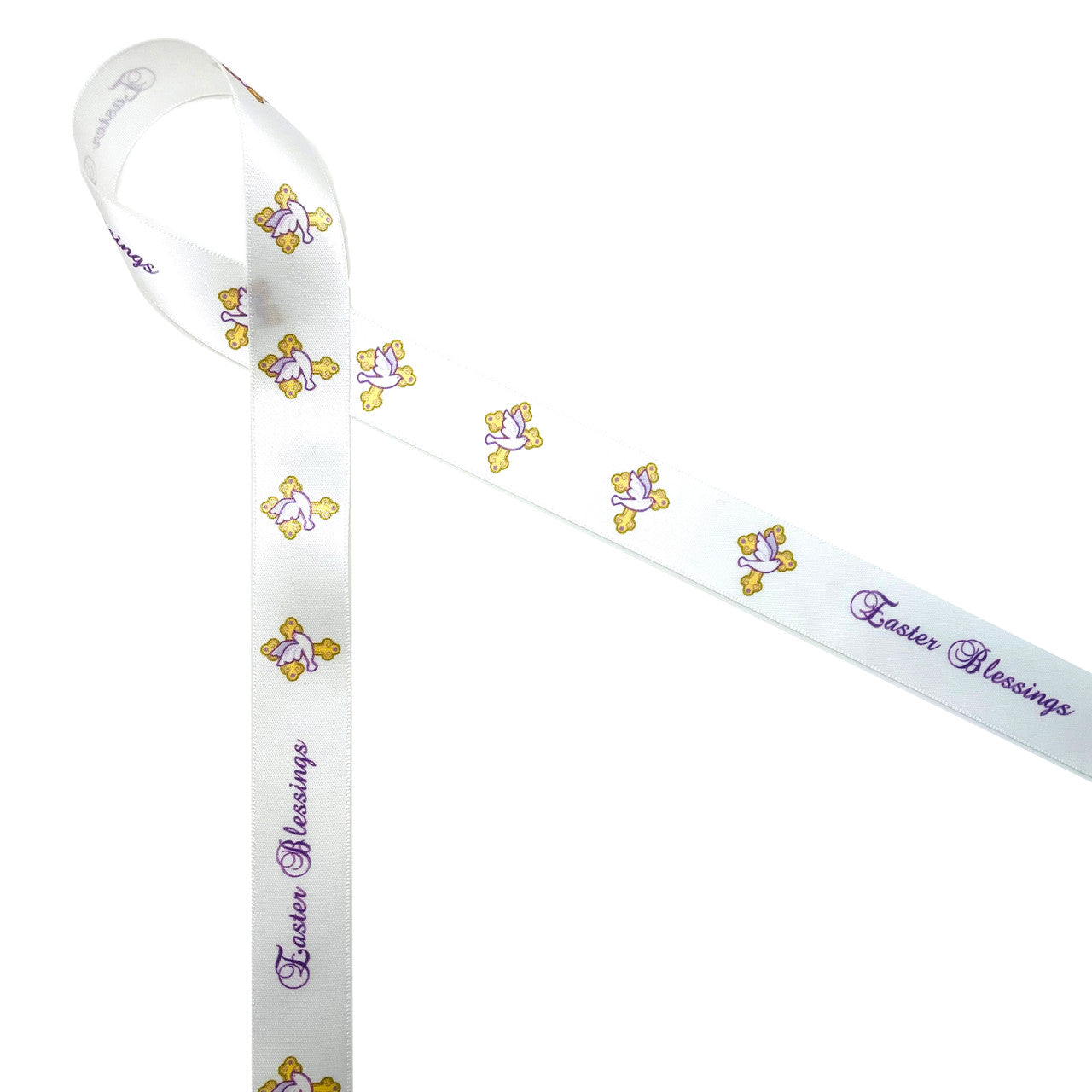 Easter Blessings with Cross and Dove on 7/8/ White Single Face Satin ...