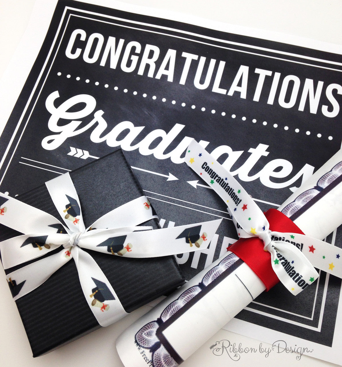 Graduation caps and diplomas on 5/8" White single face satin ribbon, 10 ...