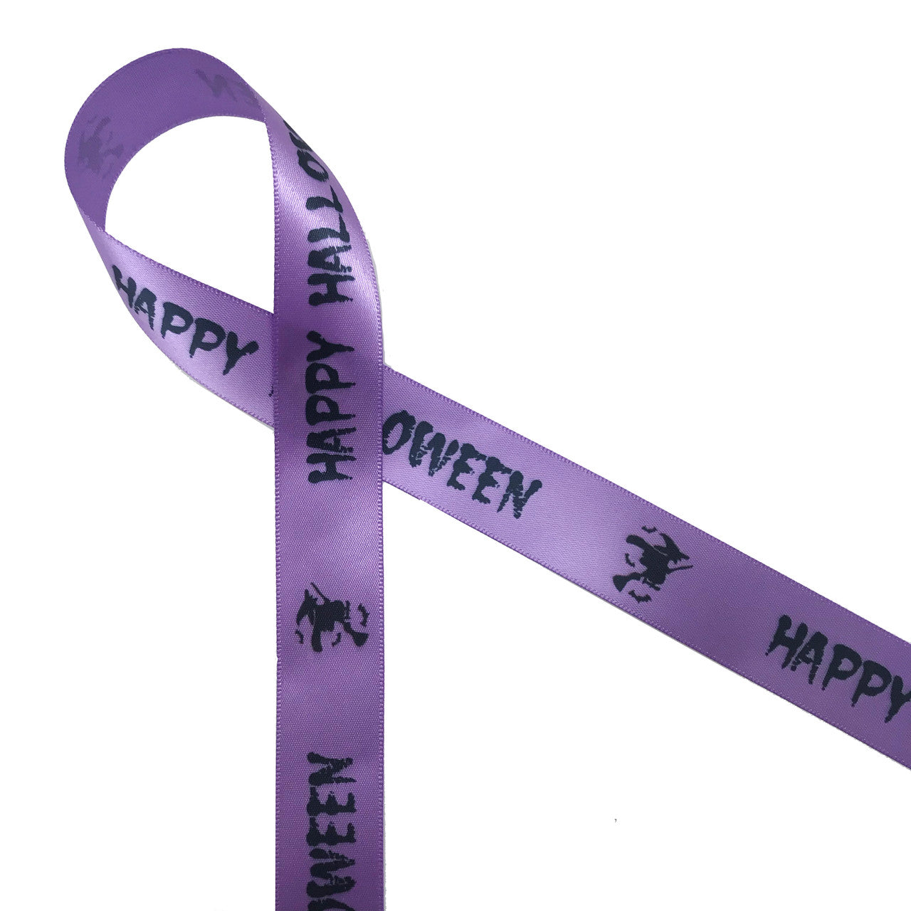 Happy Halloween in black with witch on broom on purple satin ribbon