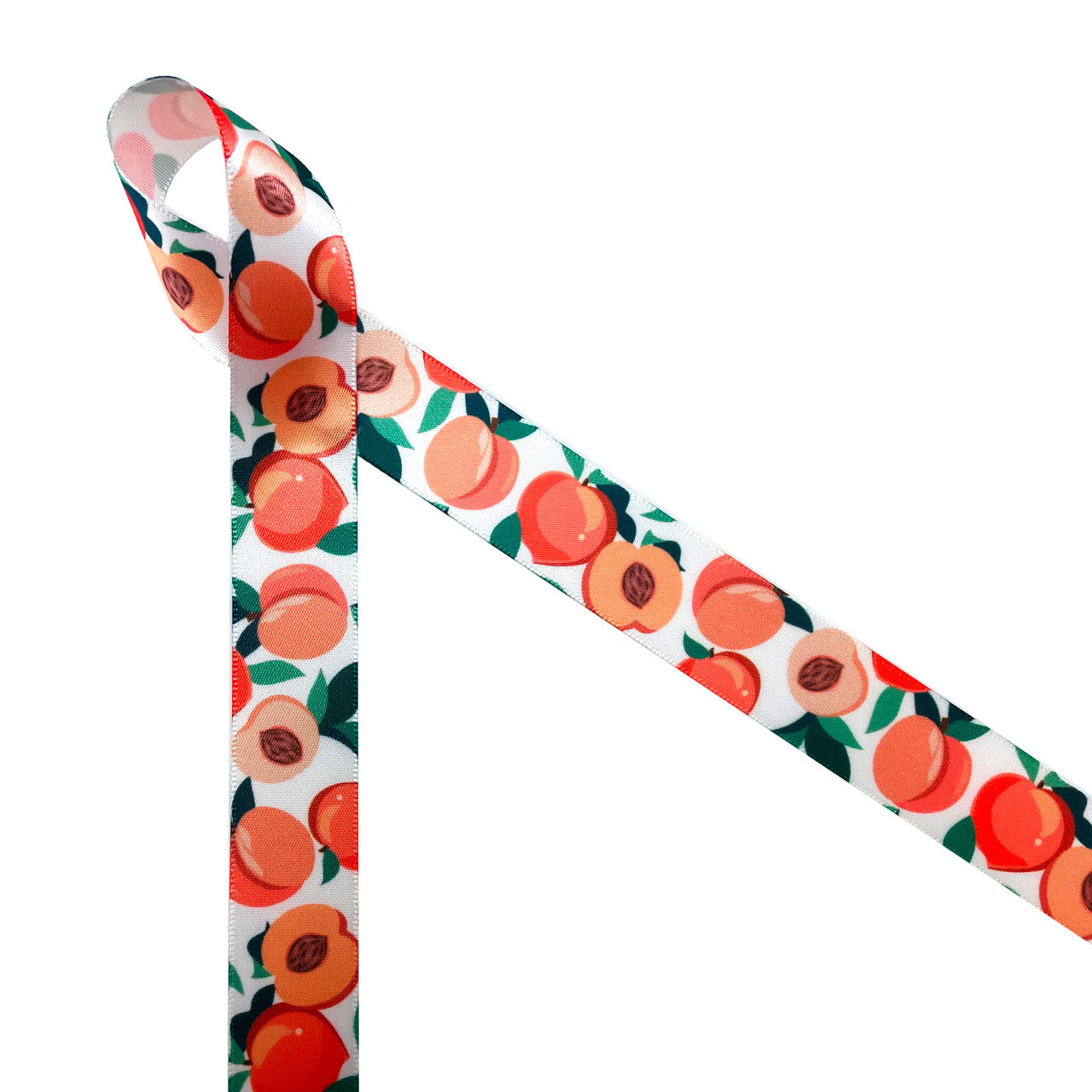 Peaches and leaves printed on 7/8" white single face satin ribbon, 10 yards