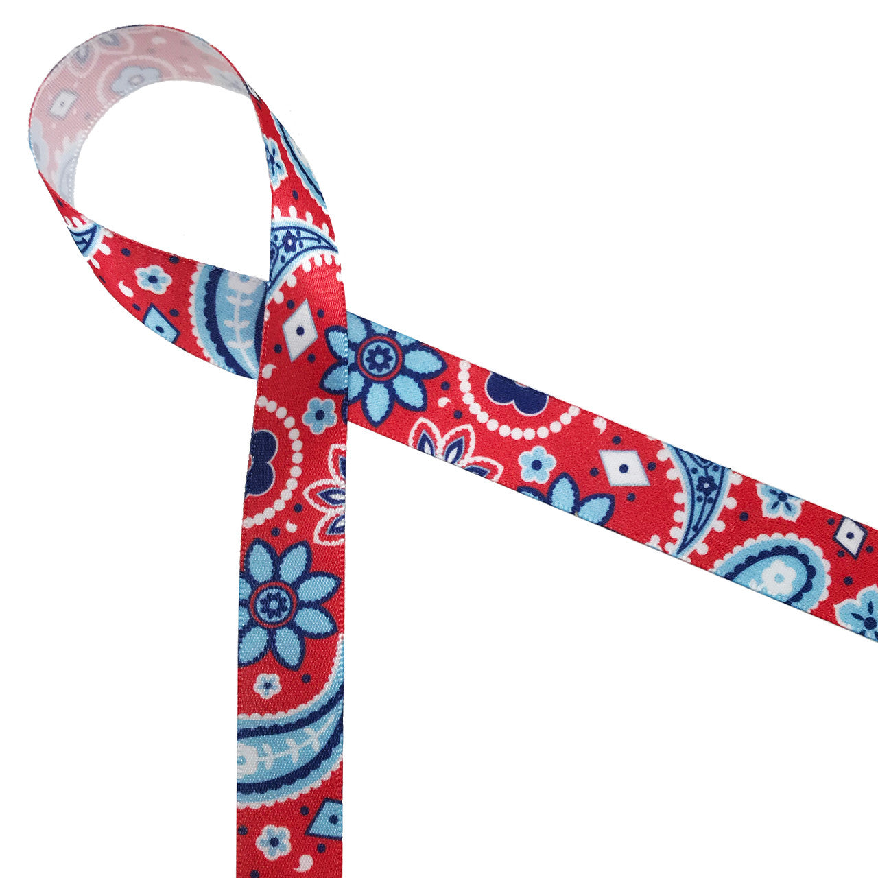 Paisley in red white and blue on 5/8"white single face satin, 10 Yards