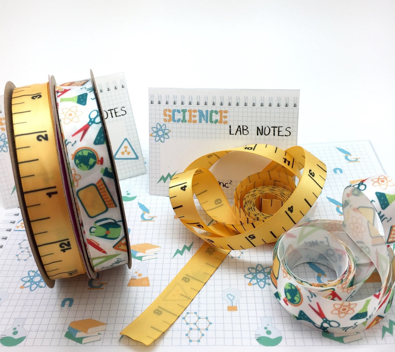 Science themed ribbon featuring scientific elements on 5/8"white single ...
