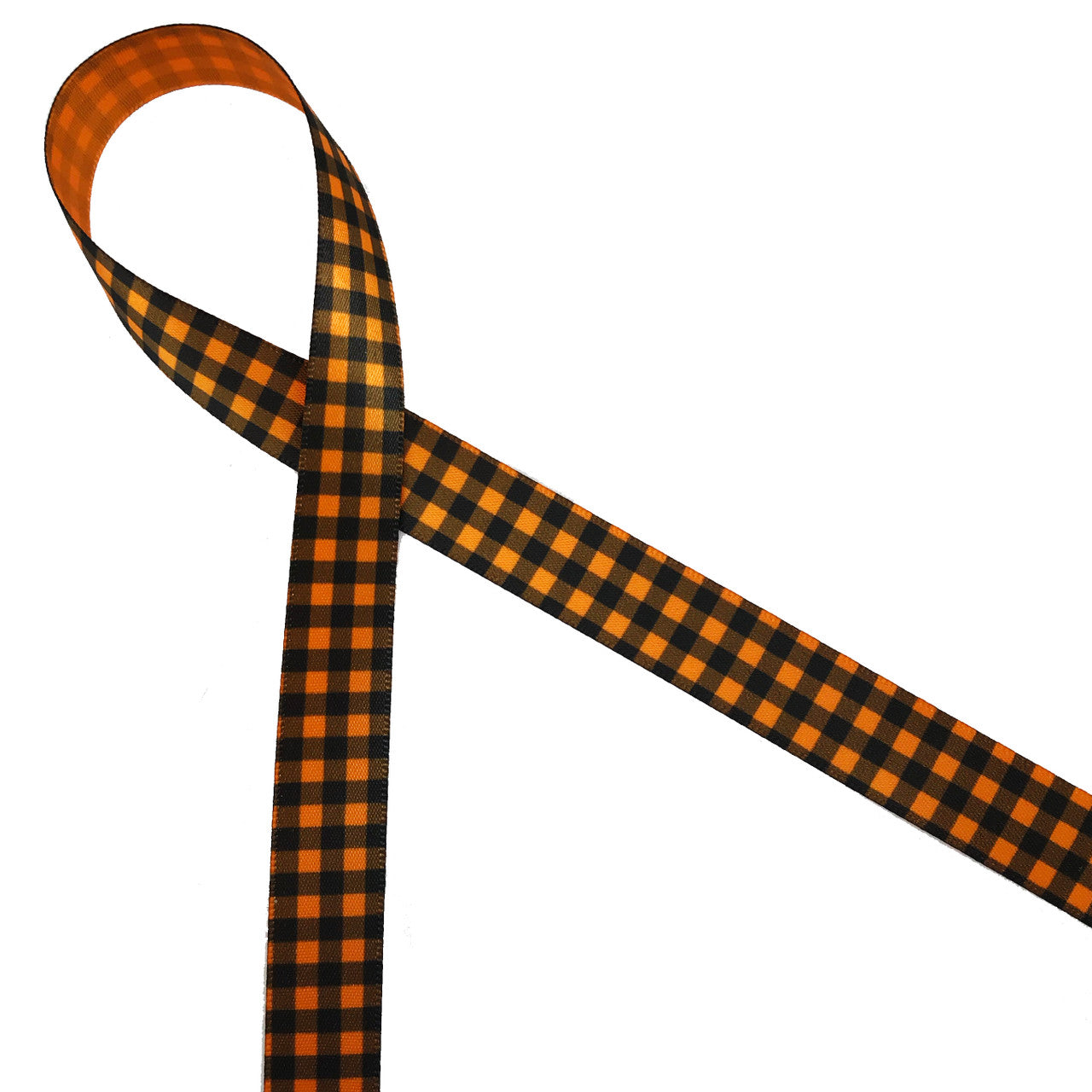 Gingham check in black on 5/8" tangerine single face satin, 10 Yards