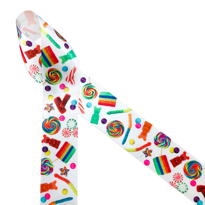 Candy theme ribbon with lollipops, gummy bears, and mints in rainbow ...