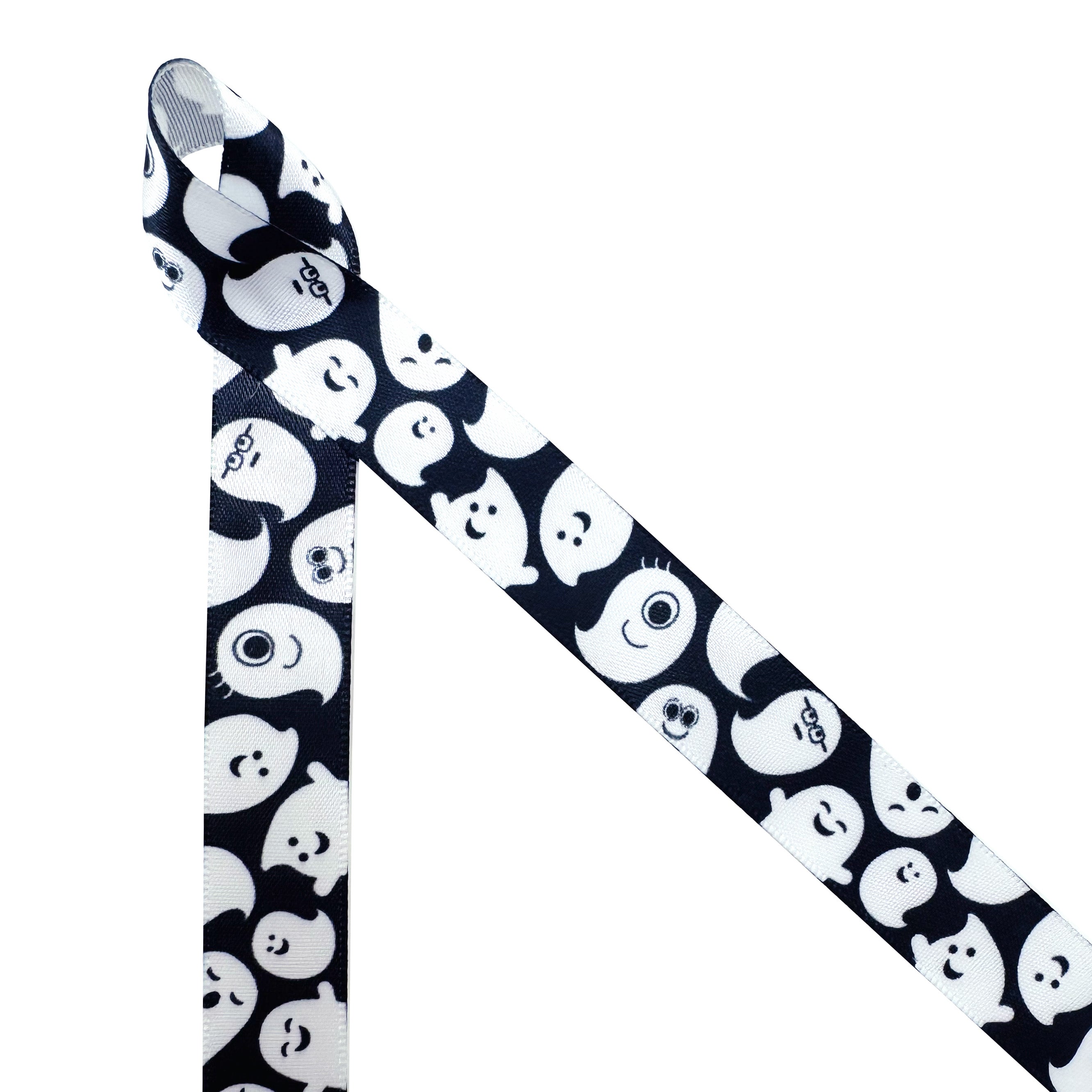 Ghosts on a black background printed on 5/8" White single face satin ...