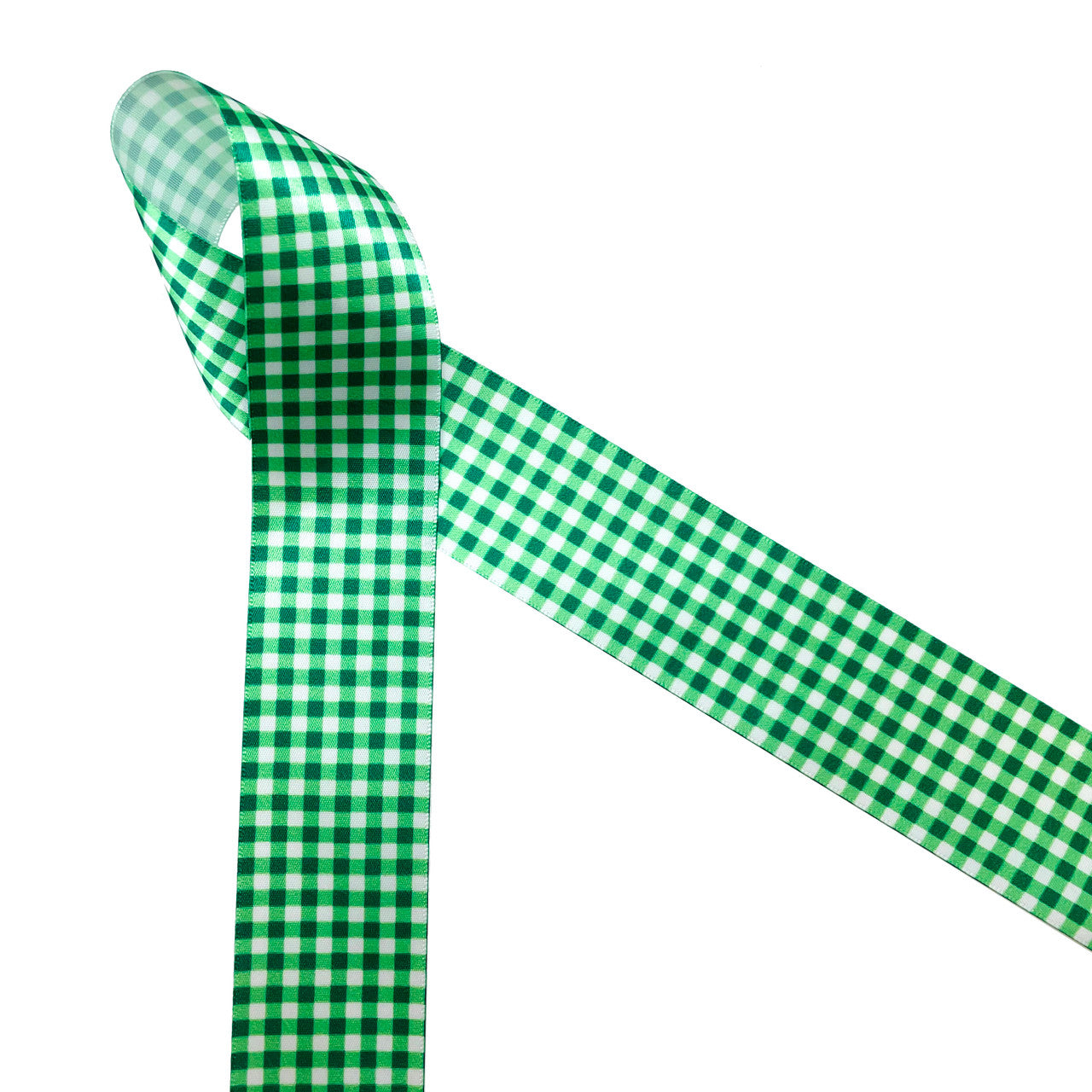 Green and white gingham check printed on 1.5" white single face satin ...