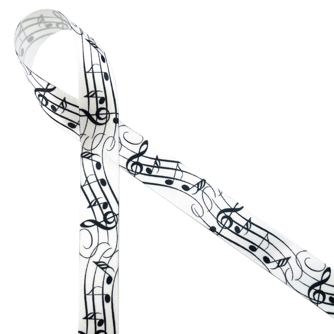 Musical notes in black on 5/8" white single face satin ribbon, 10 Yards