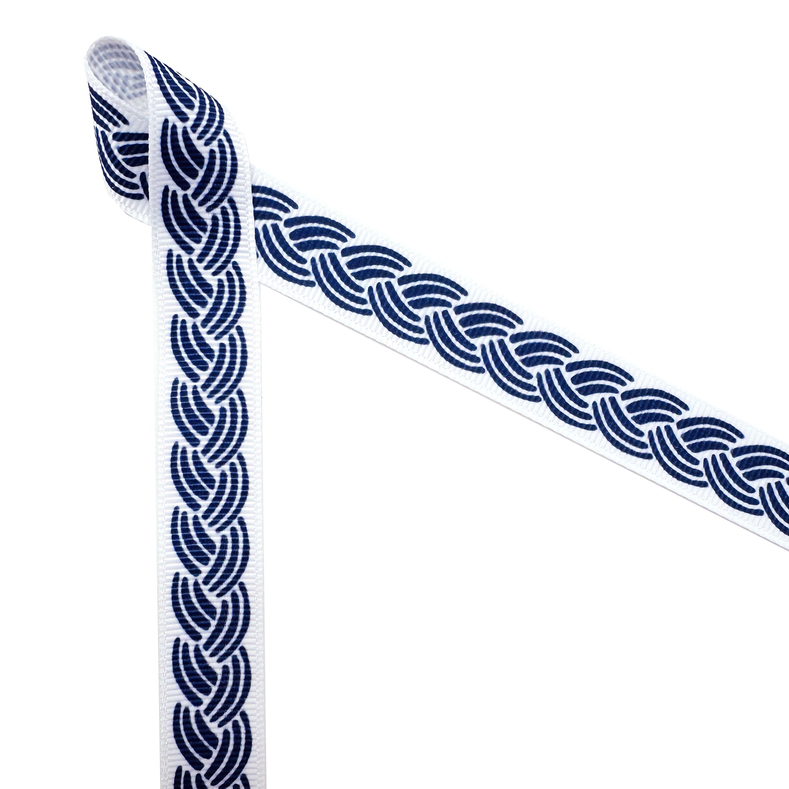 Rope ribbon printed in navy on 5/8" white grosgrain ribbon, 10 Yards