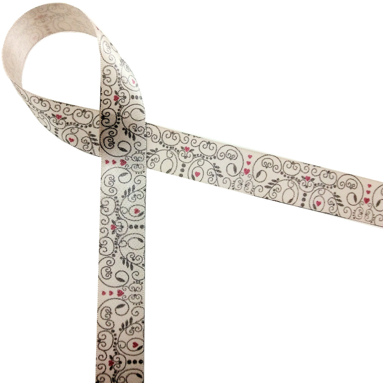 Wedding Scrolls in toffee with pink hearts on 7/8" Iced Coffee DF Satin ...