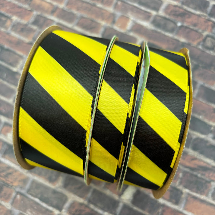 Caution Tape ribbon diagonal black stripes printed on 5/8" 7/8" and 1.