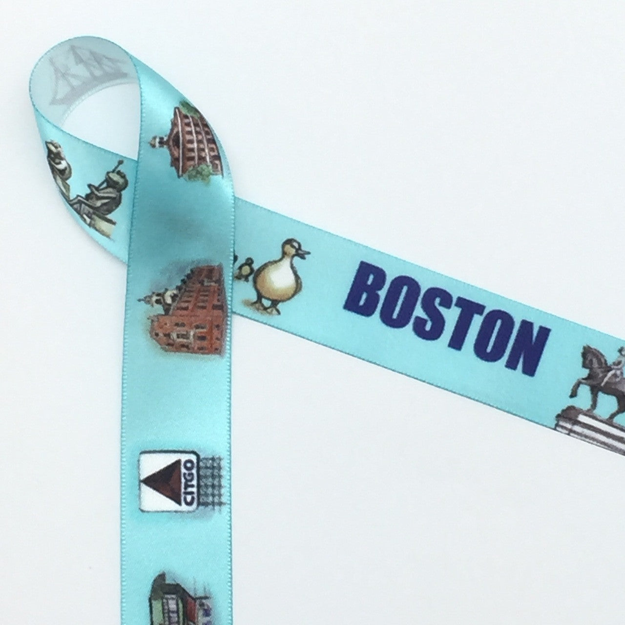 Boston Landmark Ribbon with a blue background on 7/8" White Satin ...