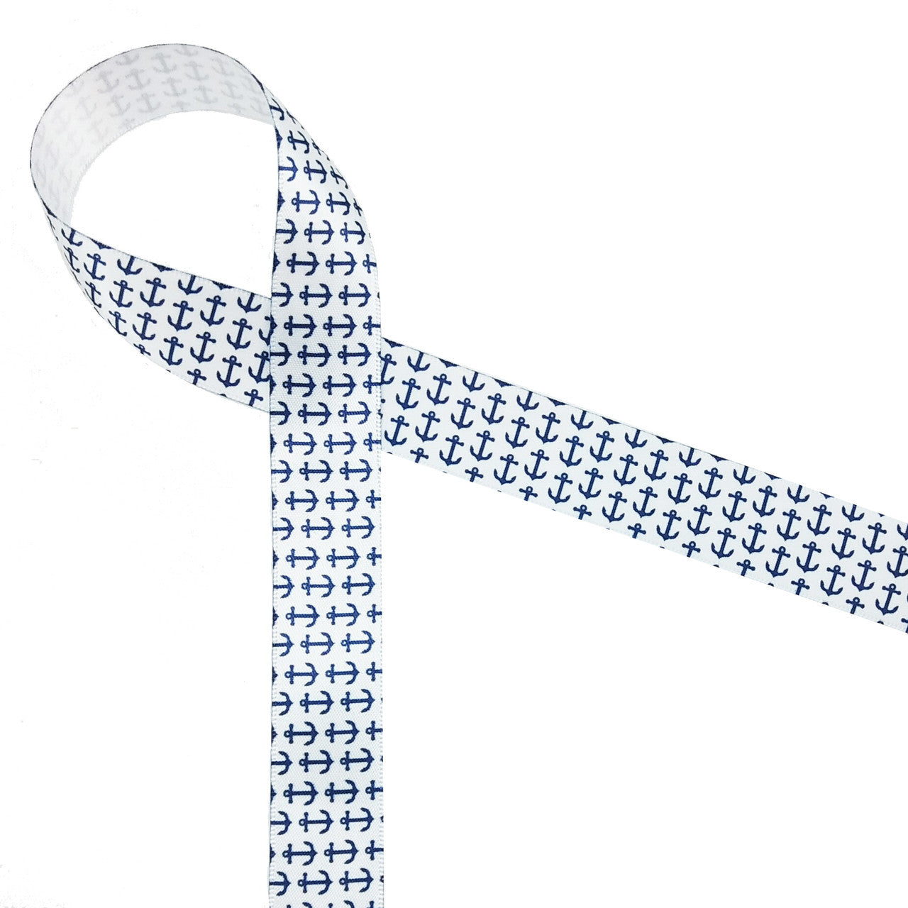 Mini Anchors in Navy Blue on 7/8" White Single Face Satin