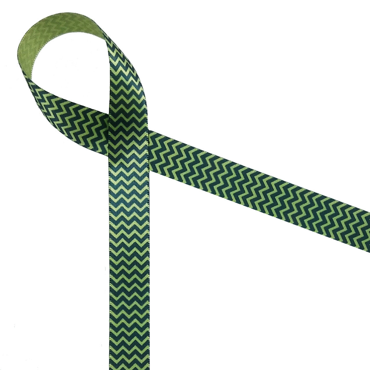 Chevon in navy ink on spring green 5/8" single face satin ribbon