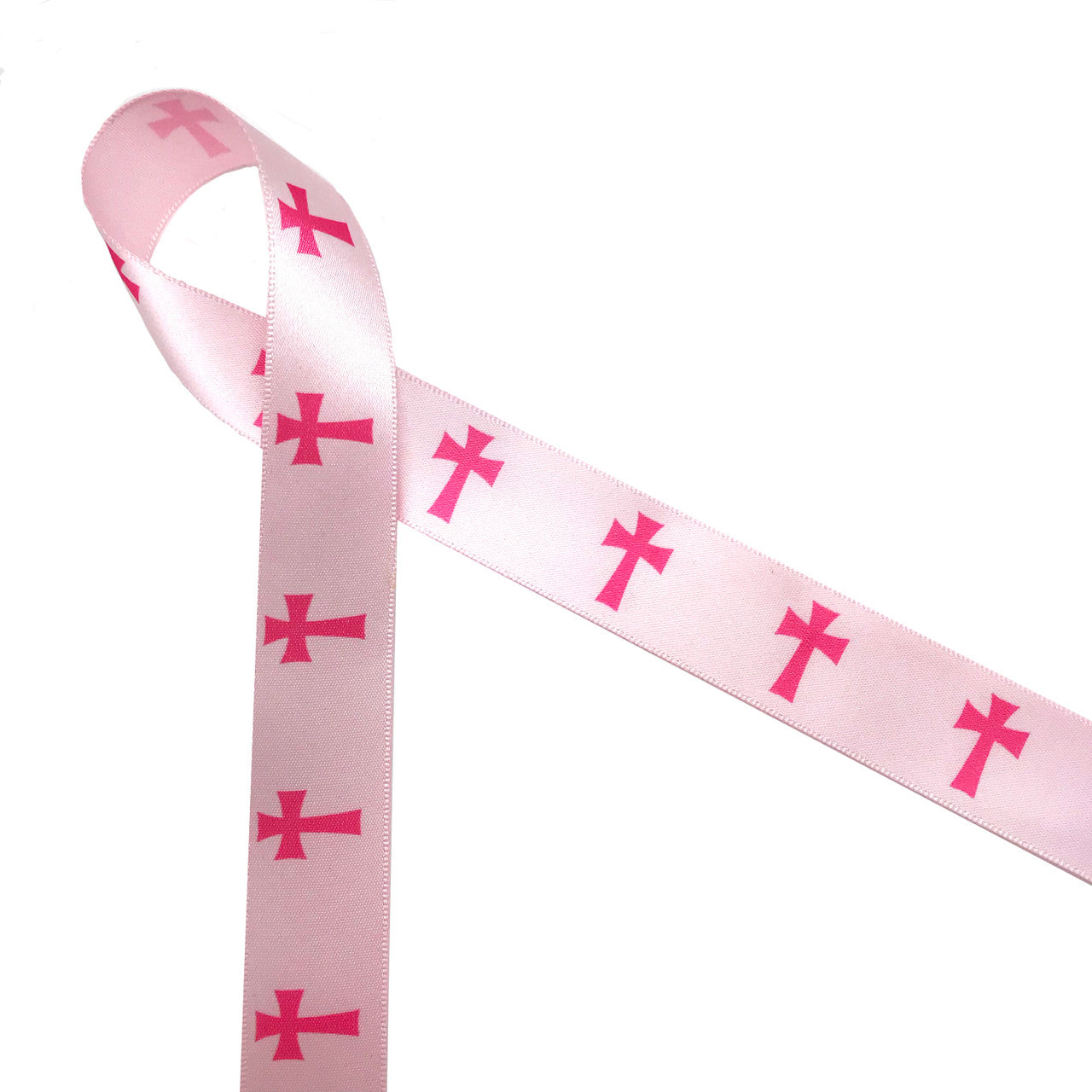 Crosses in Pink printed on 7/8" light pink single face satin ribbon, 10 ...