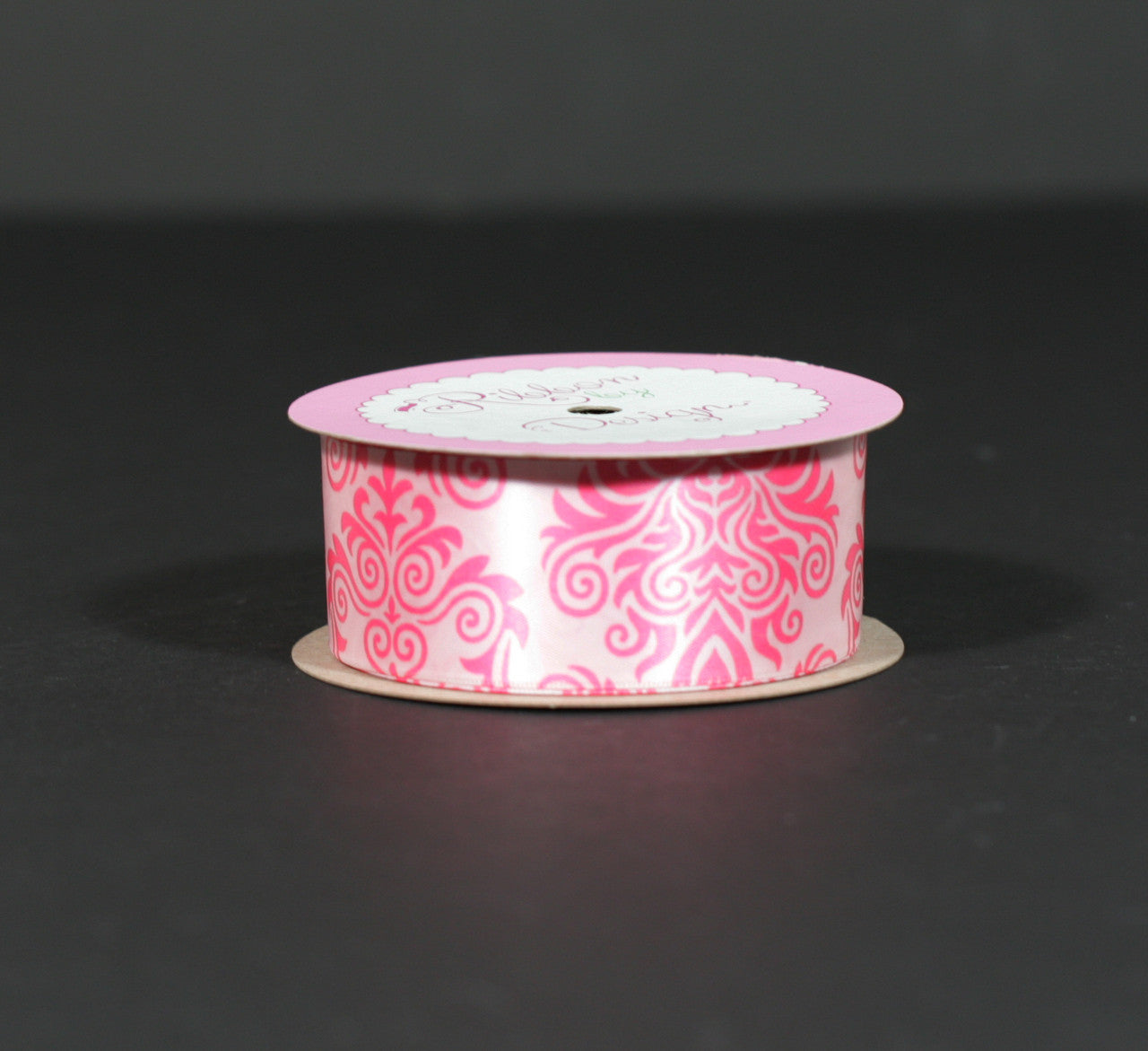 Damask print in hot pink on 1.5"light pink satin ribbon