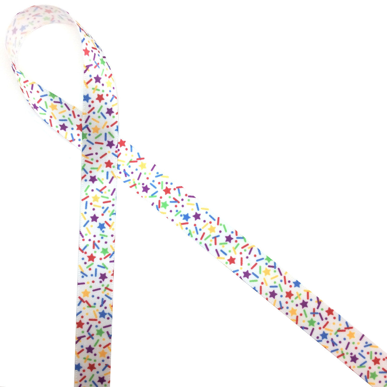 Sprinkles and Stars in primary colors on white satin ribbon