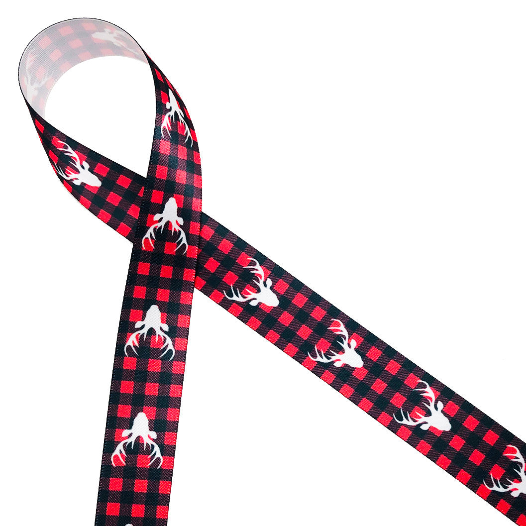 Buffalo Plaid in red and black with a white deer head printed on 7/8 ...
