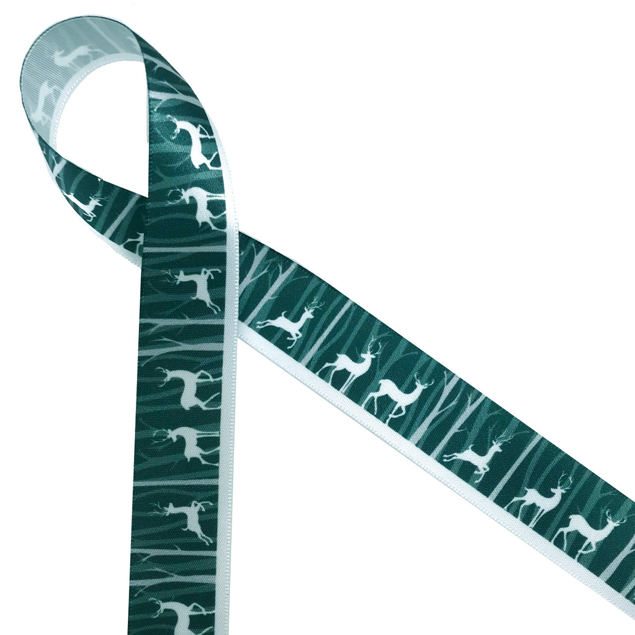 White reindeer on a forest green background with trees of silver ...