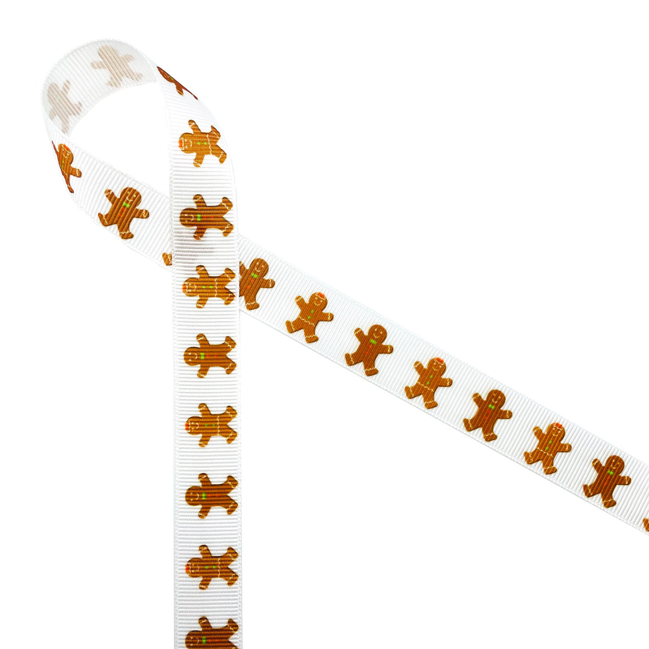 Gingerbread men of brown with red and green on 5/8" white grosgrain ribbon