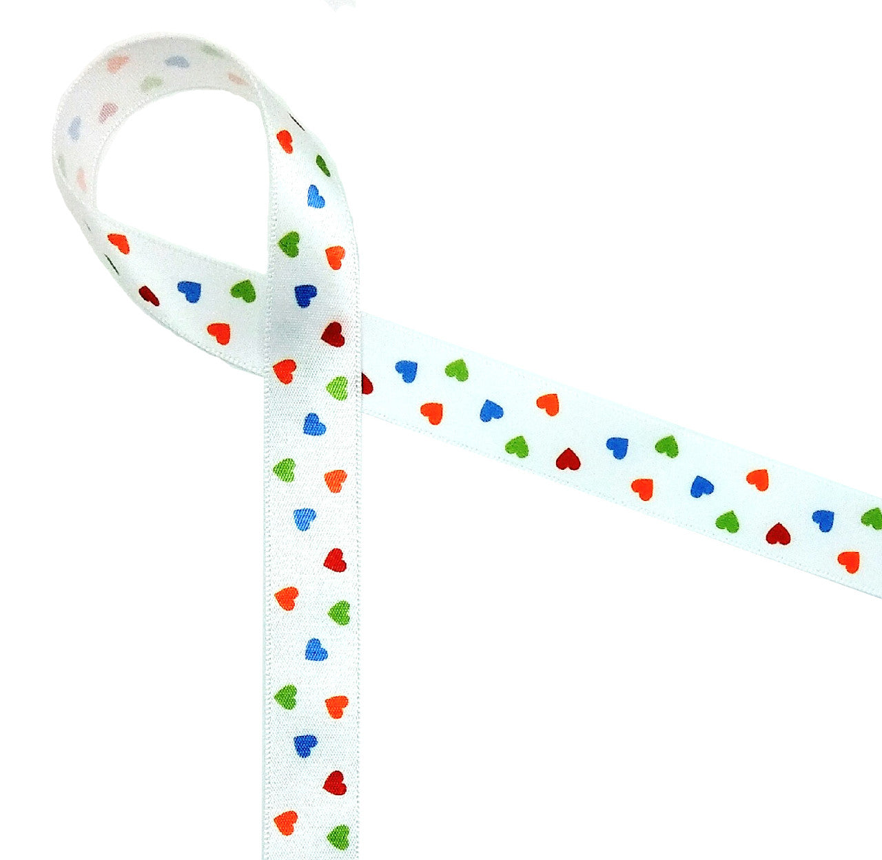 Hearts in primary colors tossed on white satin ribbon