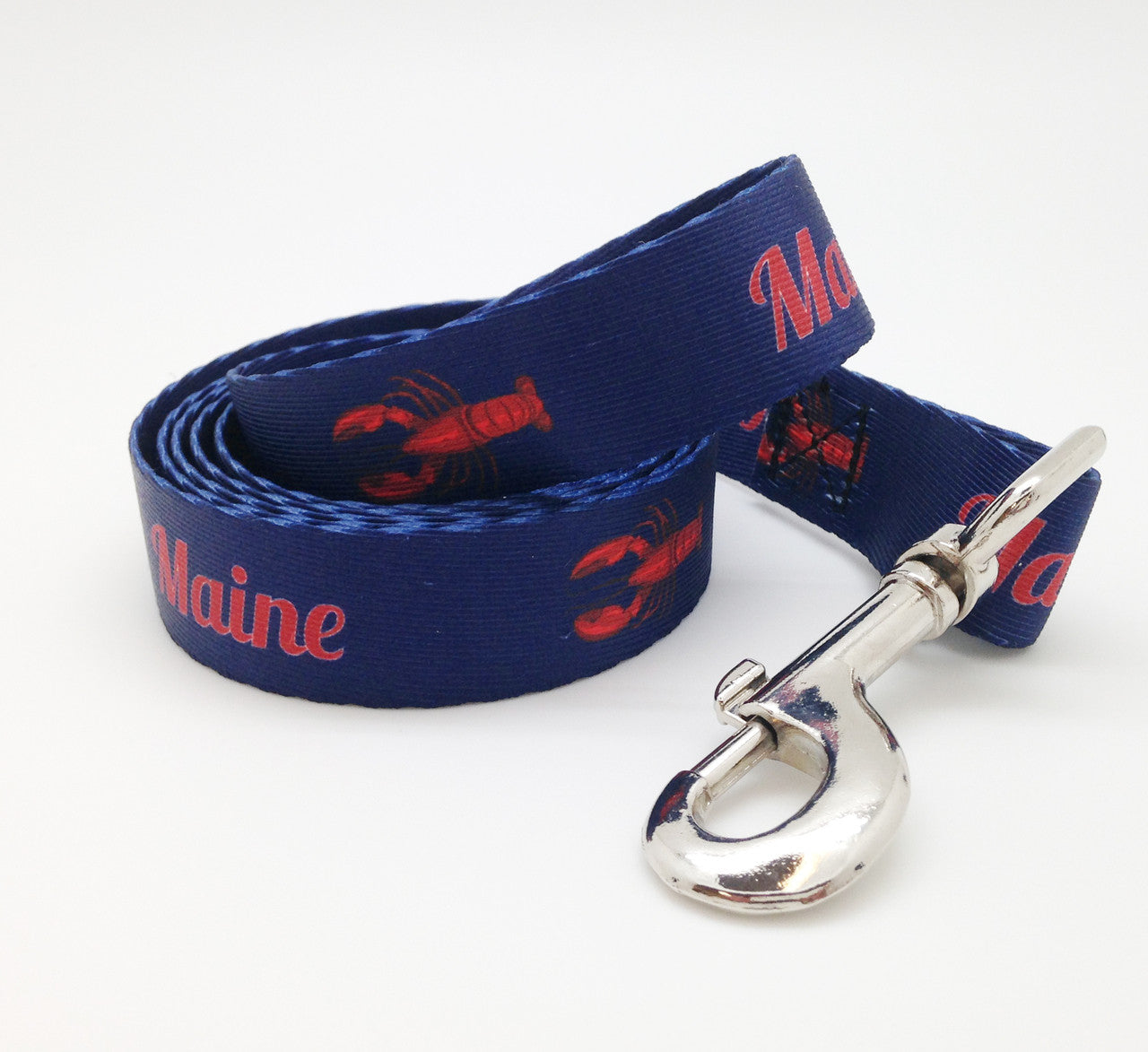 Lobsters and Maine in red on a navy blue dog leash 1" wide